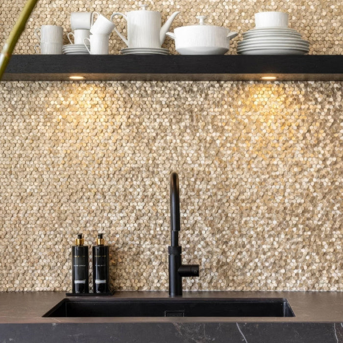 Gravity Aluminium Hexagon Gold Mosaic from Hyperion Tiles