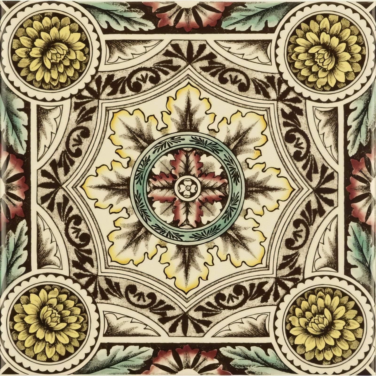Symmetrical Floral Pattern Single Tile on County White from Hyperion Tiles